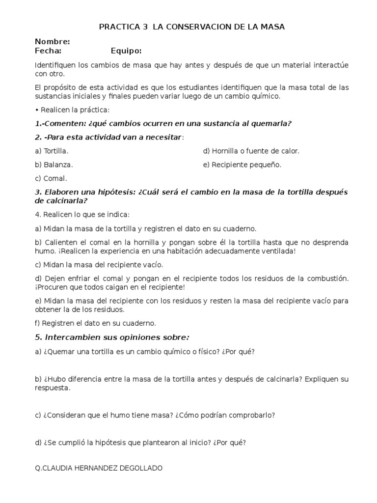 Practica 3 La Conservacion de La Masa | PDF | Masa | Química