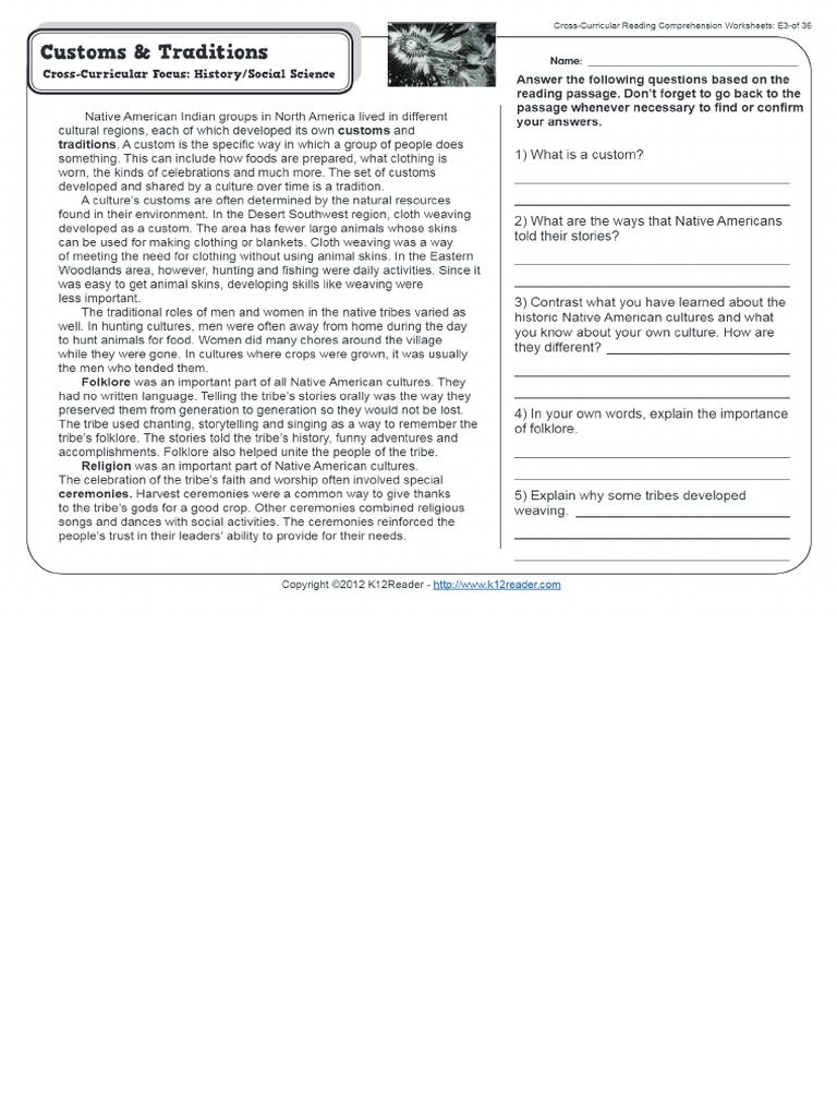 Customs and Traditions - 5th Grade Reading Comprehension Worksheet | PDF