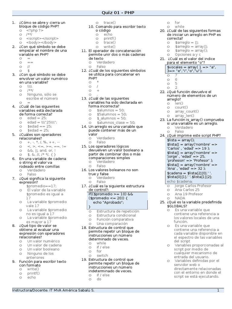 Quiz 01 - PHP | PDF | Estructura de datos de matriz | Servidor web
