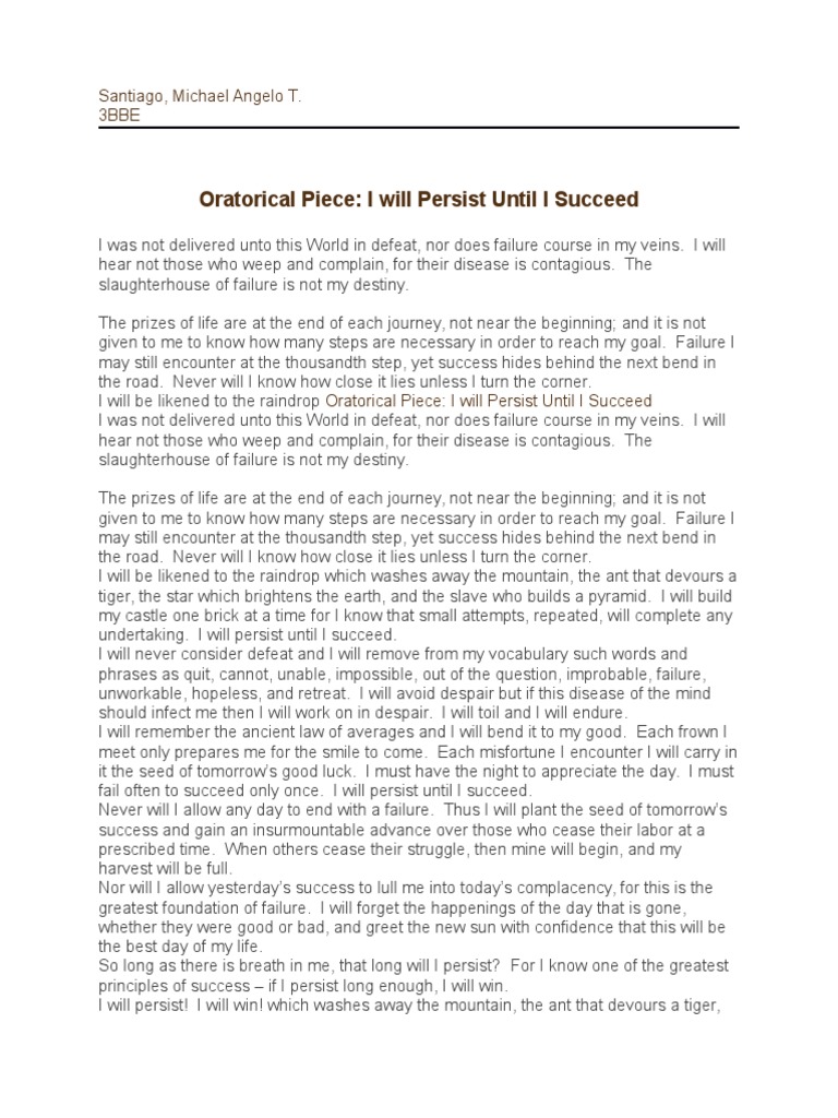 Oratorical Piece: I Will Persist Until I Succeed: Santiago, Michael ...