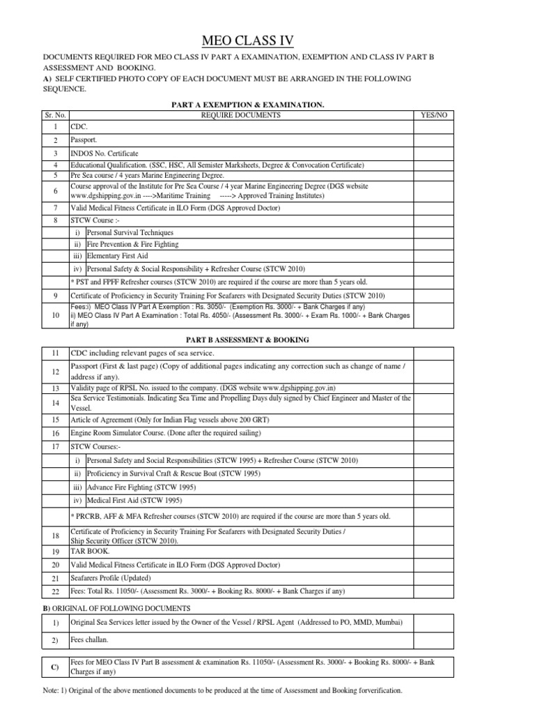 Meo Class Iv: A) Self Certified Photo Copy Of Each Document Must Be ...