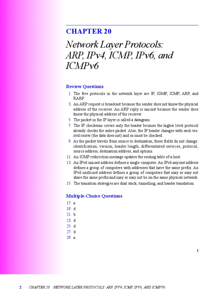 Network Layer Protocols: Arp, Ipv4, Icmp, Ipv6, and Icmpv6: Review Questions | PDF | I Pv6 | Ip ...