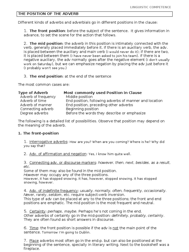 The Position Of The Adverb Pdf Adverb Sentence Linguistics