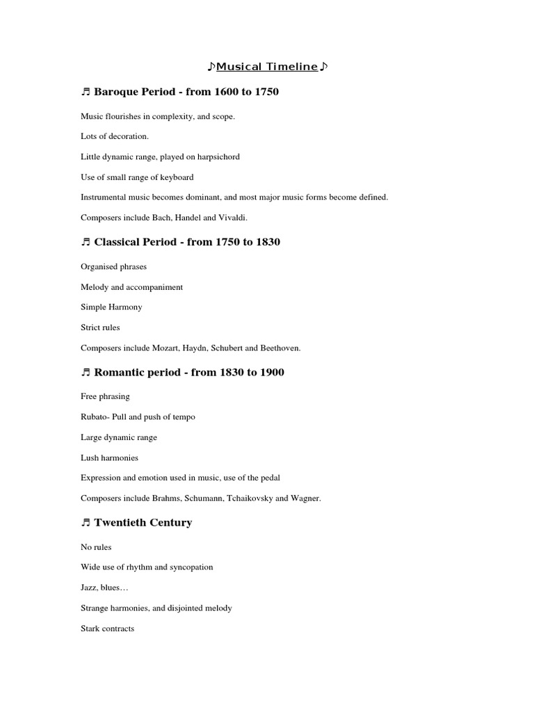 Baroque Period From 1600 To 1750: Musical Timeline | PDF | Art | Classics