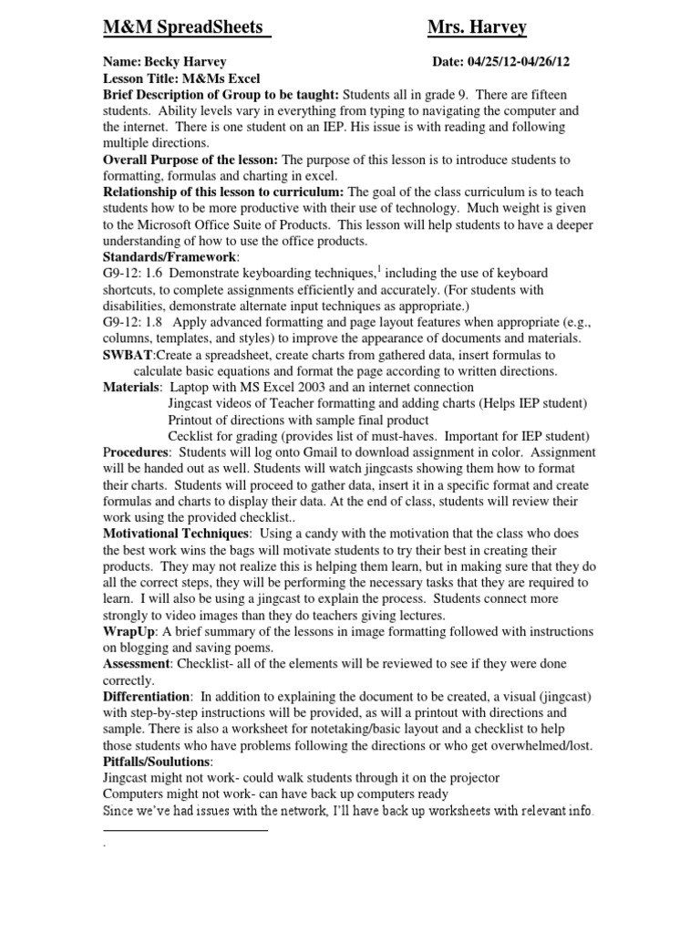 M&M Excel Lesson Plan for Students | PDF | Microsoft Excel | Chart