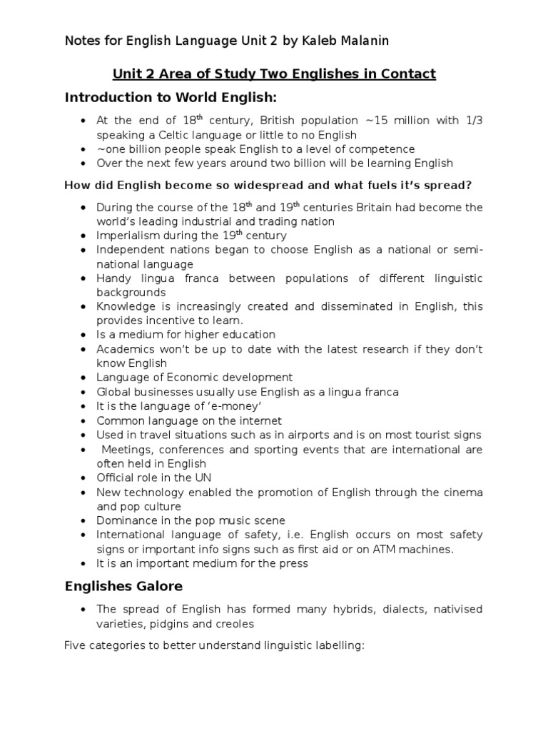 Unit 2 AOS2 Englishes in Contact - Course Notes | PDF | English ...
