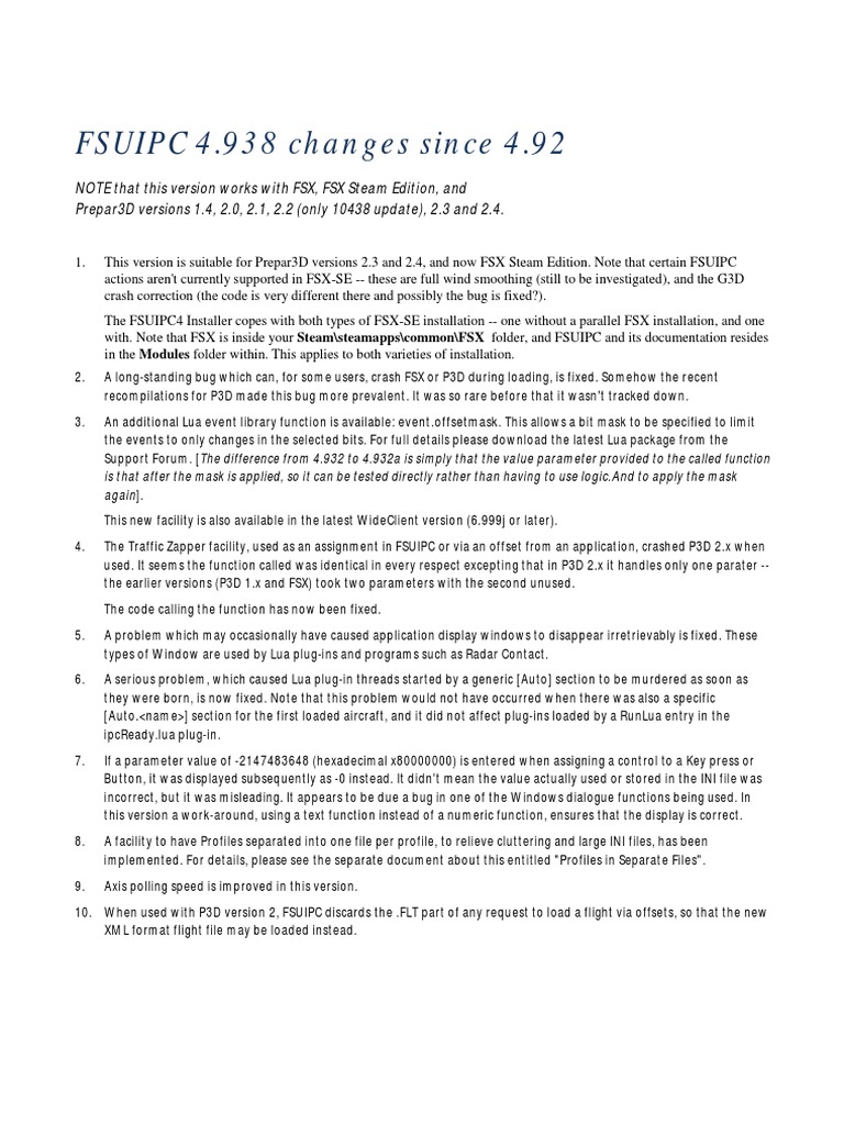 Fsuipc 4.938 Changes | PDF | Subroutine | Software Bug
