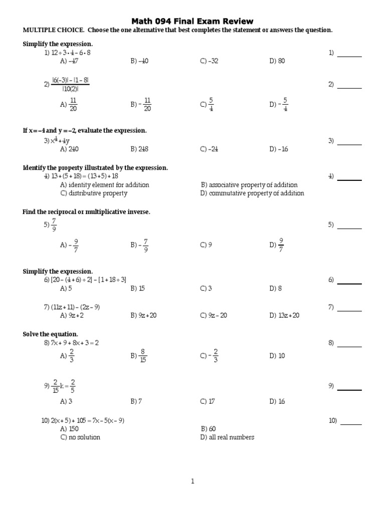 Math 094 Final Exam Review-Compass | PDF | Algebra | Teaching Mathematics