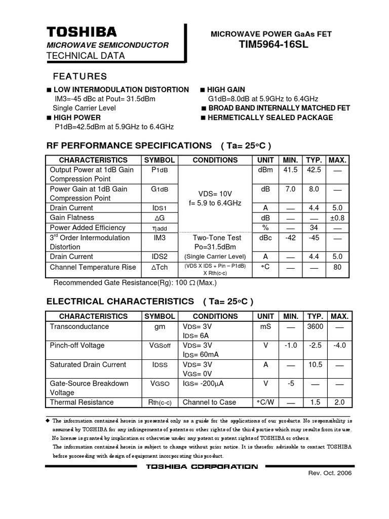 Toshiba TIM5964 16SL Datasheet PDF | PDF | Field Effect Transistor ...