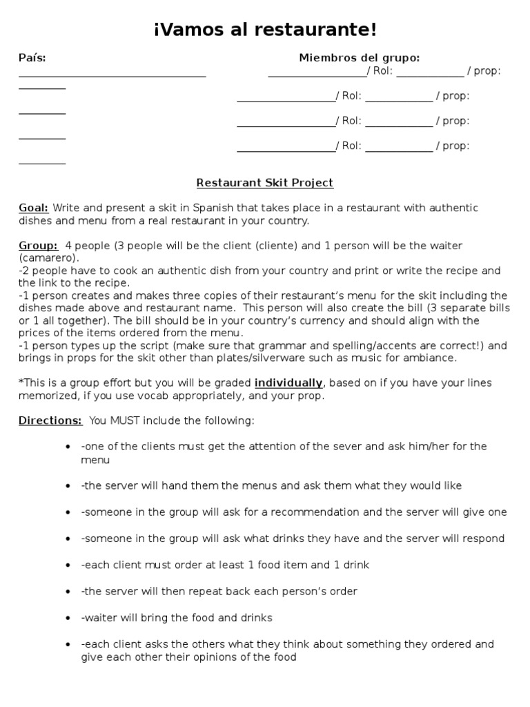 Spanish 1 Buen Provecho Restaurant Skits | PDF | Menu | Restaurants