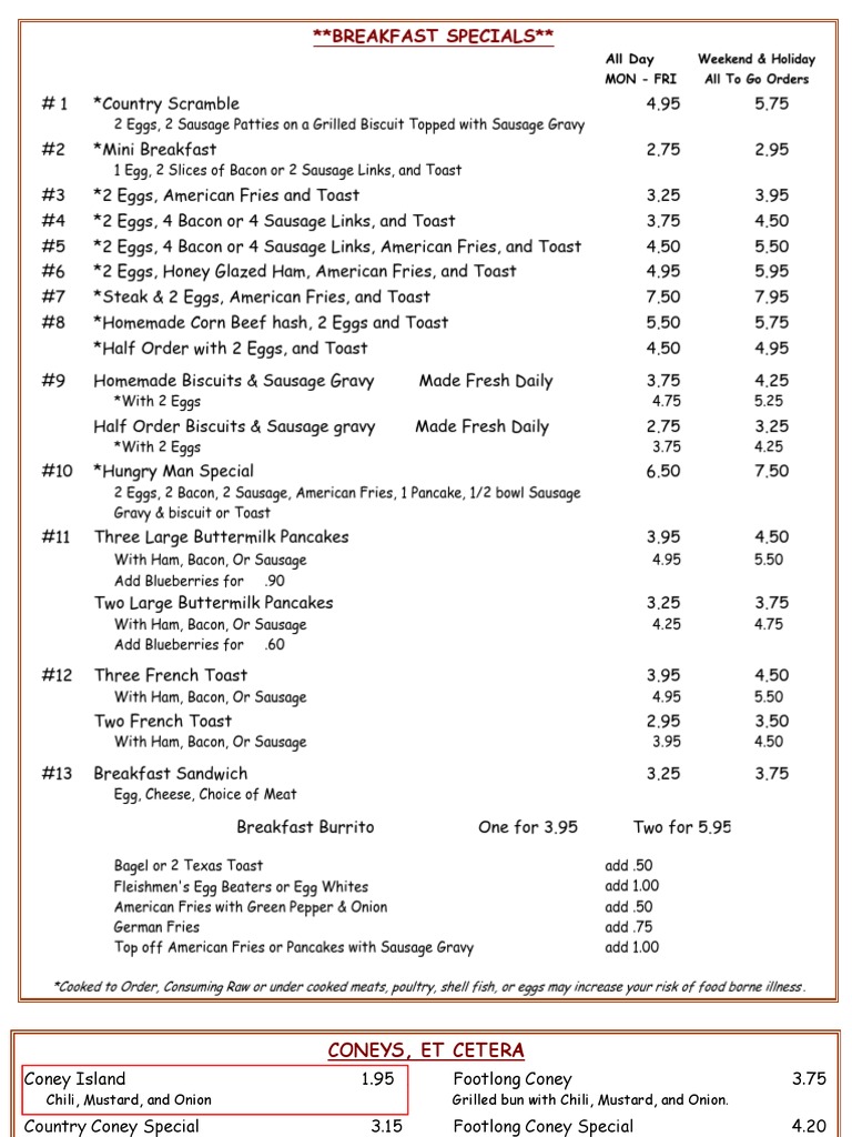 Breakfast and Lunch Menu Specials | PDF | Sausage | Hamburgers