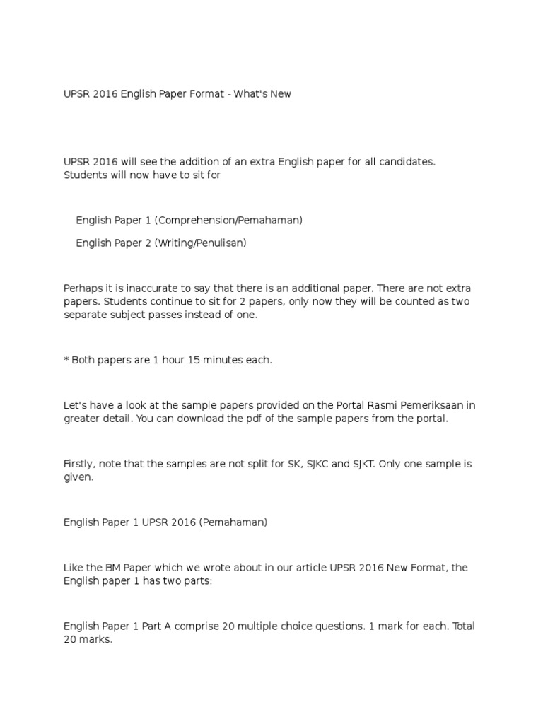UPSR 2016 English Paper Format | PDF | Student Assessment And ...