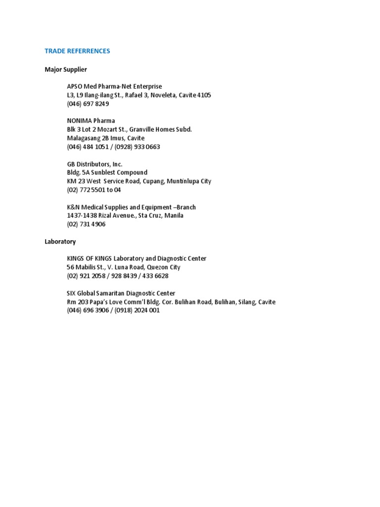 Trade References for Medical Suppliers | PDF
