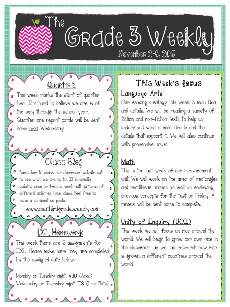 Grade 3 Weekly Overview: Nov 2-6, 2015 | PDF