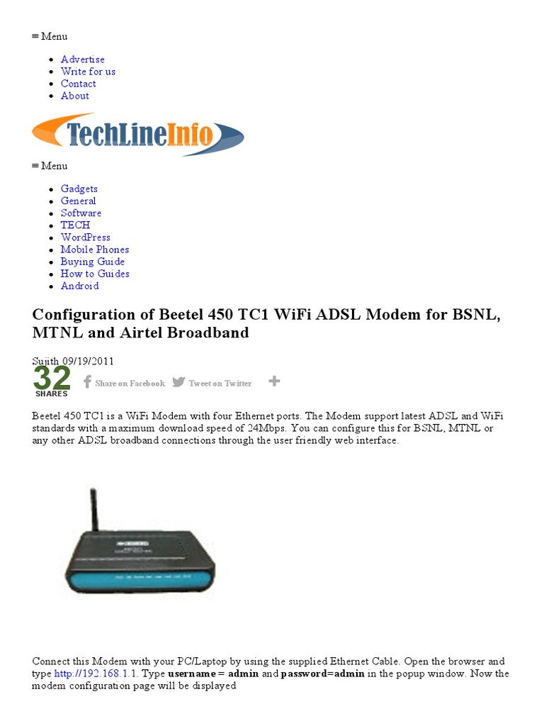 Configure Beetel 450 TC1 Modem | PDF | Wi Fi | Modem