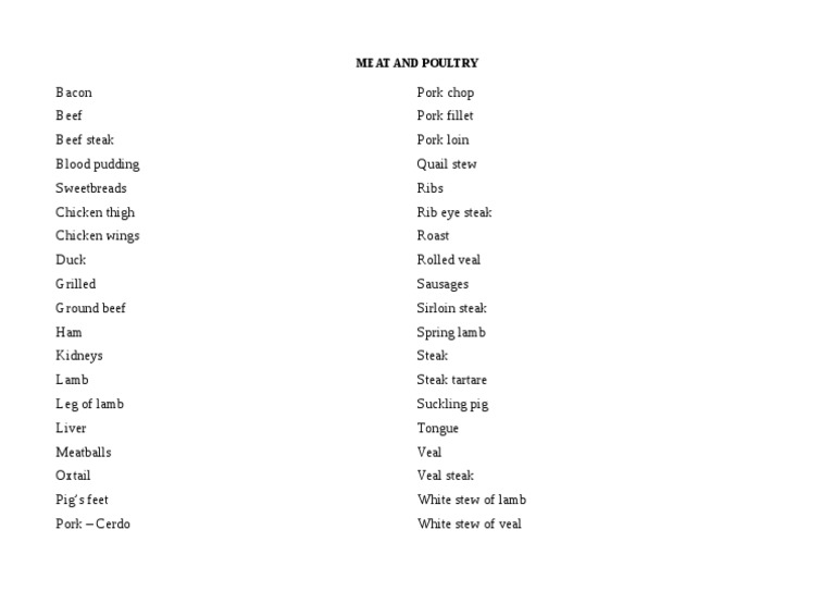 Meat and Poultry ESL VOCABULARY | PDF