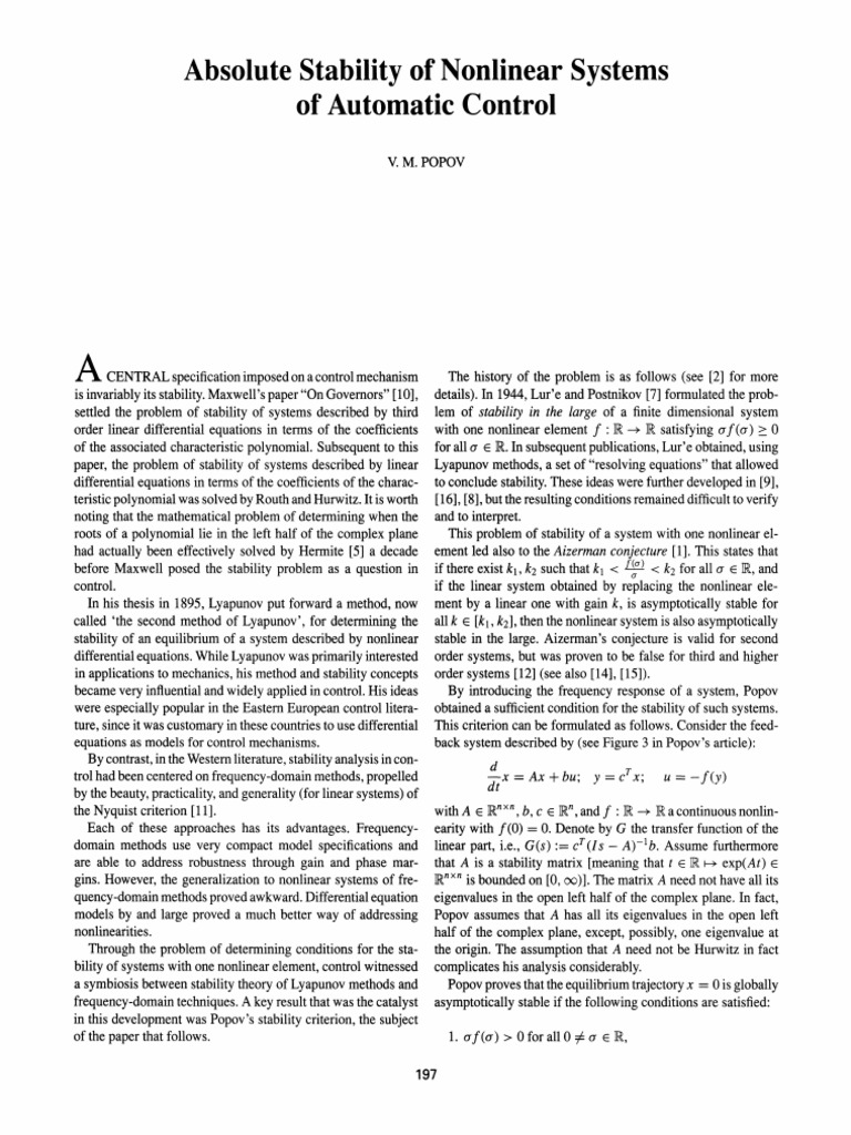 Absolute Stability of Nonlinear Systems of Automatic Control | PDF | Stability Theory | Control ...