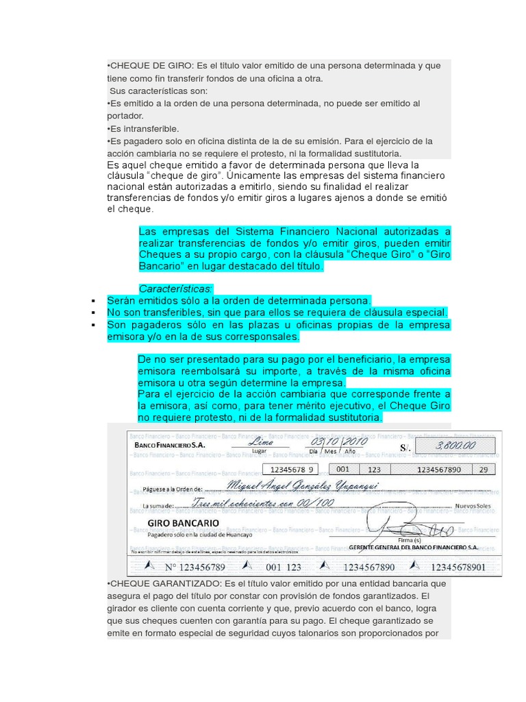 Características del Cheque de Giro y Garantizado | PDF | Cheque | Bancario