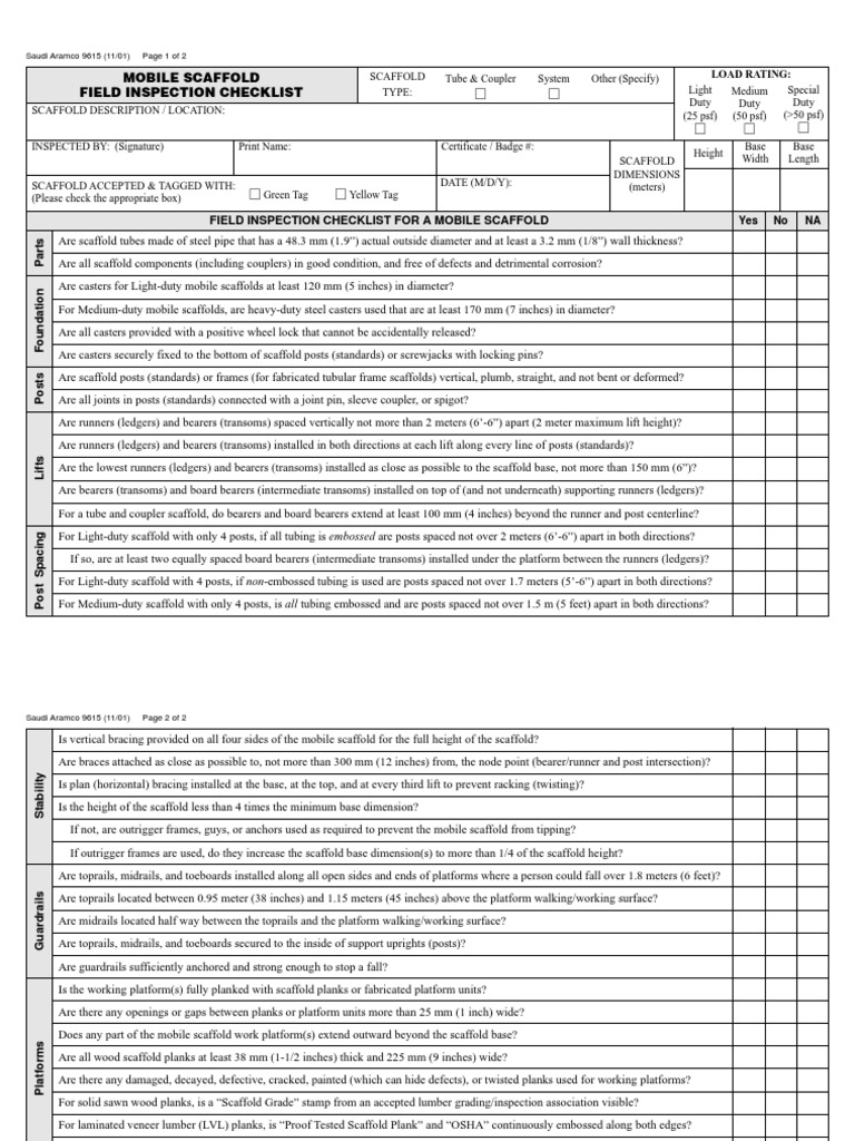 Mobile Scaffold Inspection Checklist | PDF