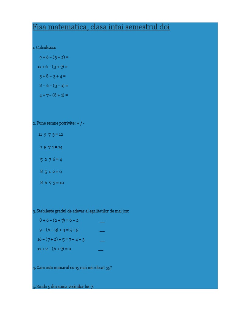 Fisa Matematica. Clasa 1 Completare Semne | PDF