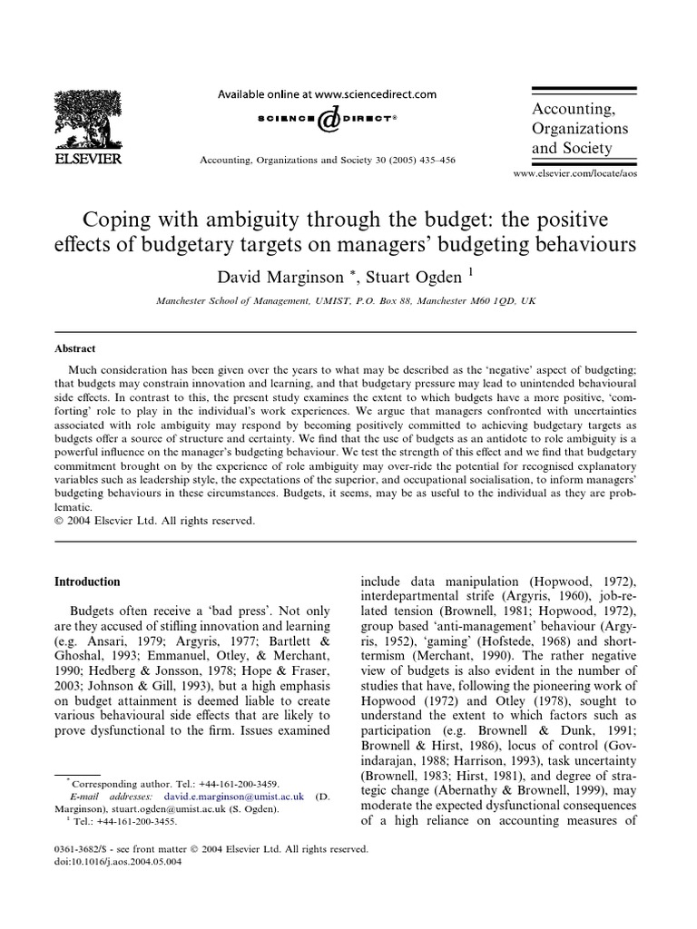 Coping With Ambiguity Through The Budget - The Positive Effects of ...