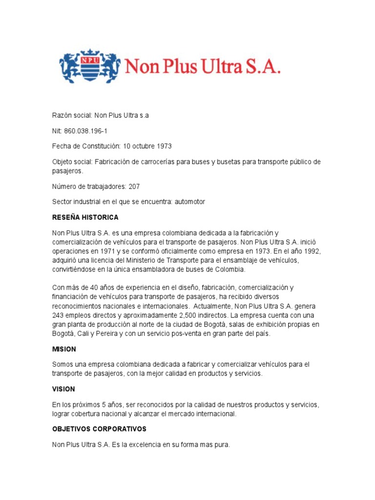 Non Plus Ultra Sa | PDF | Calidad (comercial) | Colombia