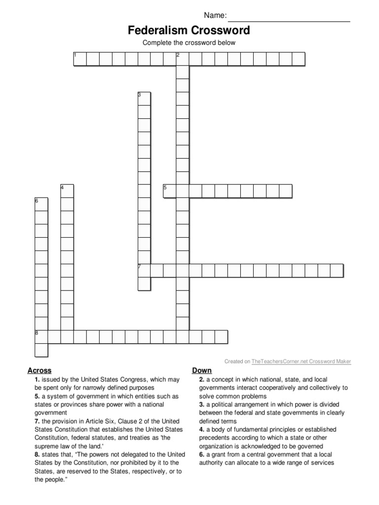 Federalism Crossword Puzzle | PDF