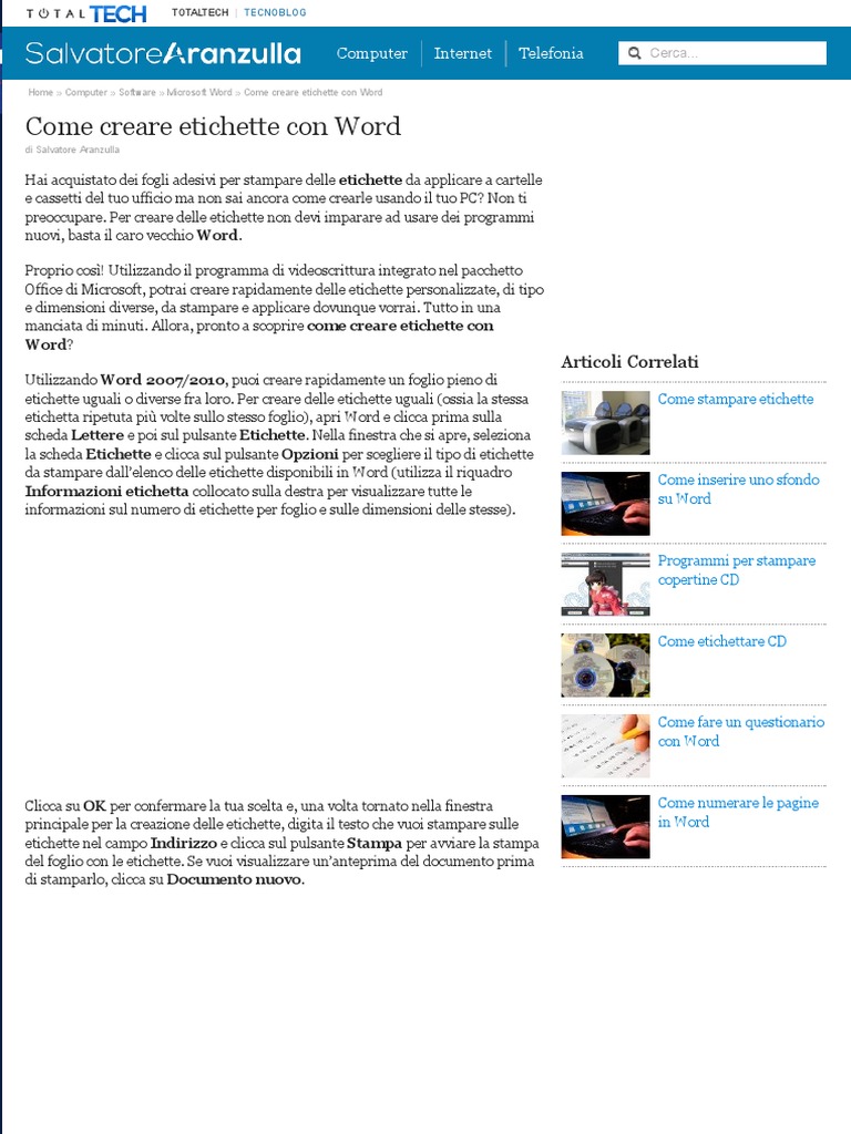 Come Creare Etichette Con Word - Salvatore Aranzulla PDF | PDF