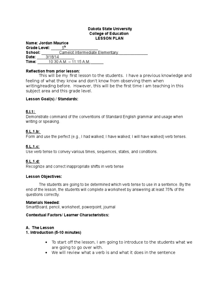 5th Grade Verb Tenses Lesson Plan | PDF | Perfect (Grammar ...