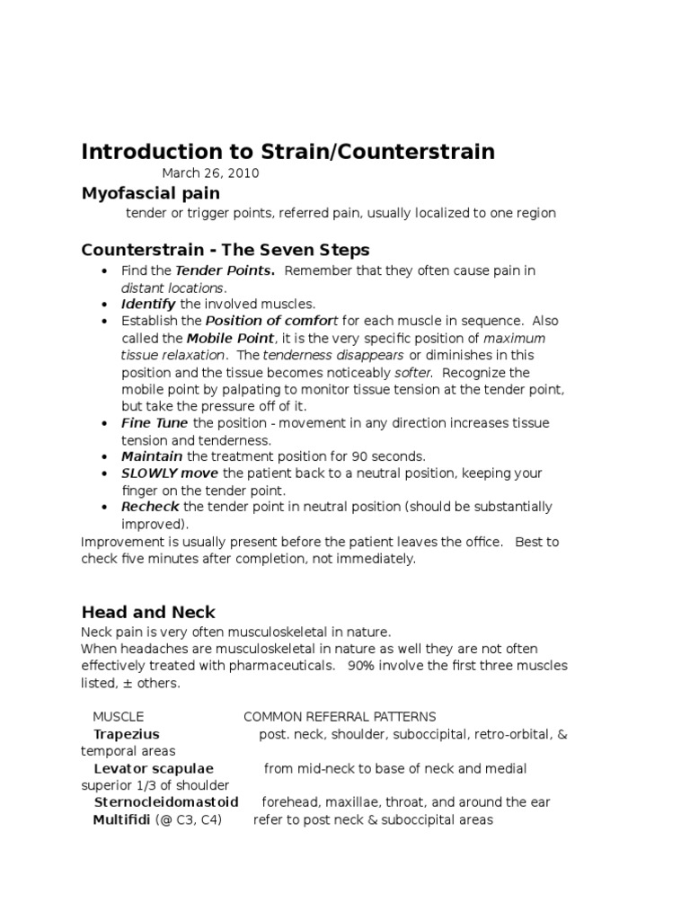 Strain Counterstrain Handout March 26 2010 | PDF | Myofascial Trigger ...