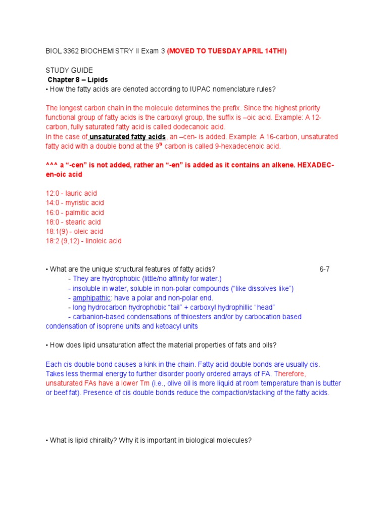 Biochem Exam 3 Study Guide | PDF | Cell Membrane | Lipid