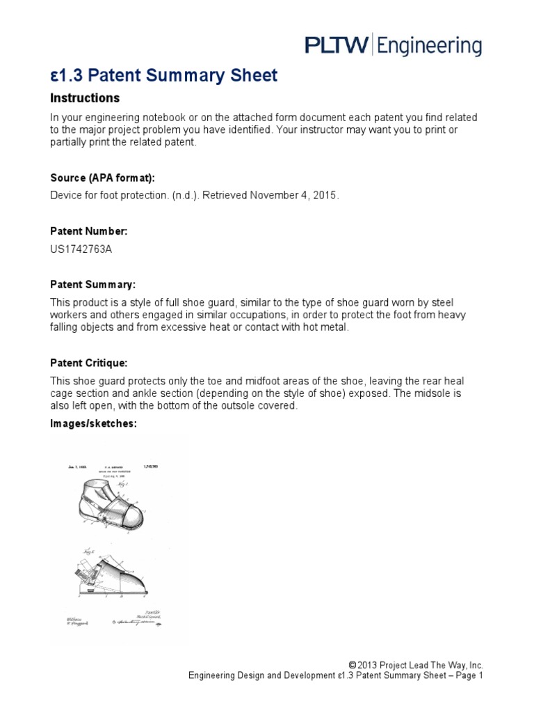 ε1.3 Patent Summary Sheet: Instructions | PDF | Business