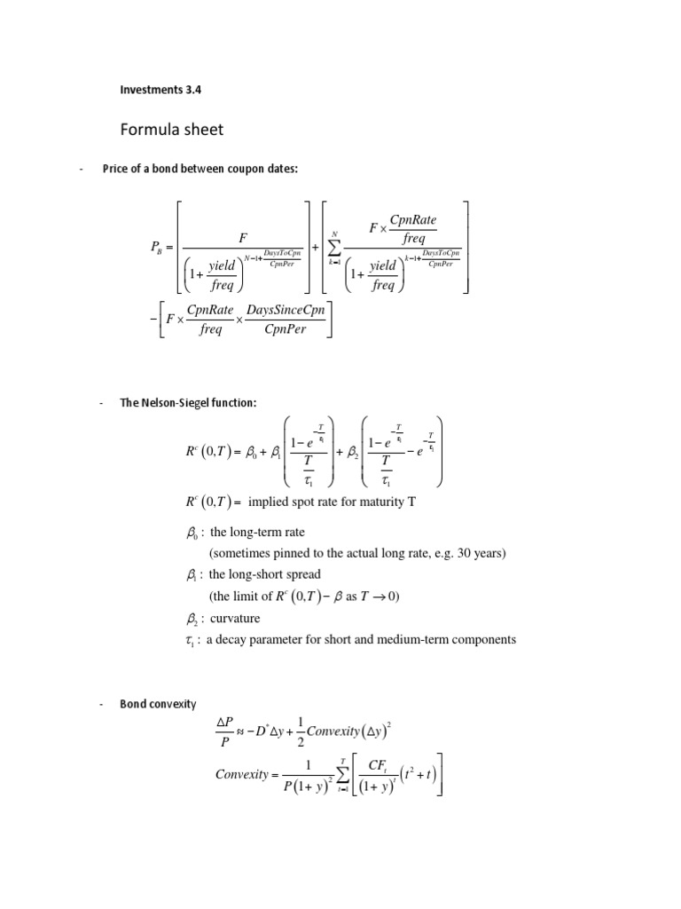 Formula Sheet: Cpnrate F F Freq P Yield Yield Freq Freq Cpnrate ...