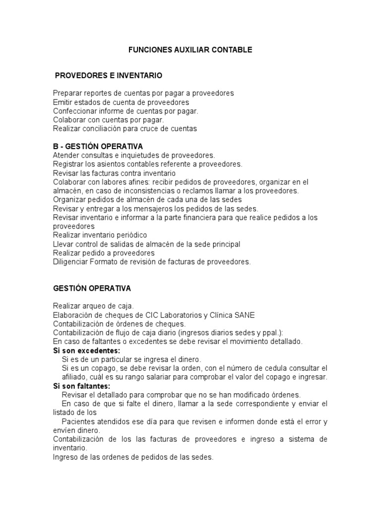 FUNCIONES AUXILIAR CONTABLE | Contabilidad | Inventario