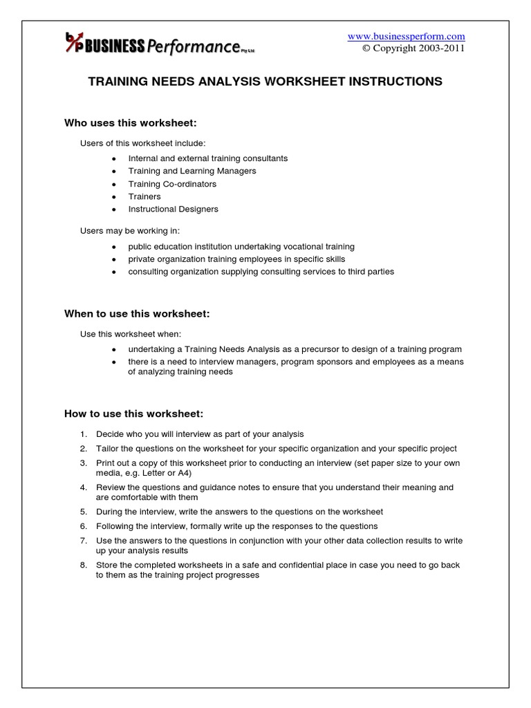 Training Needs Analysis Worksheet Sample | Interview | Business | Free ...