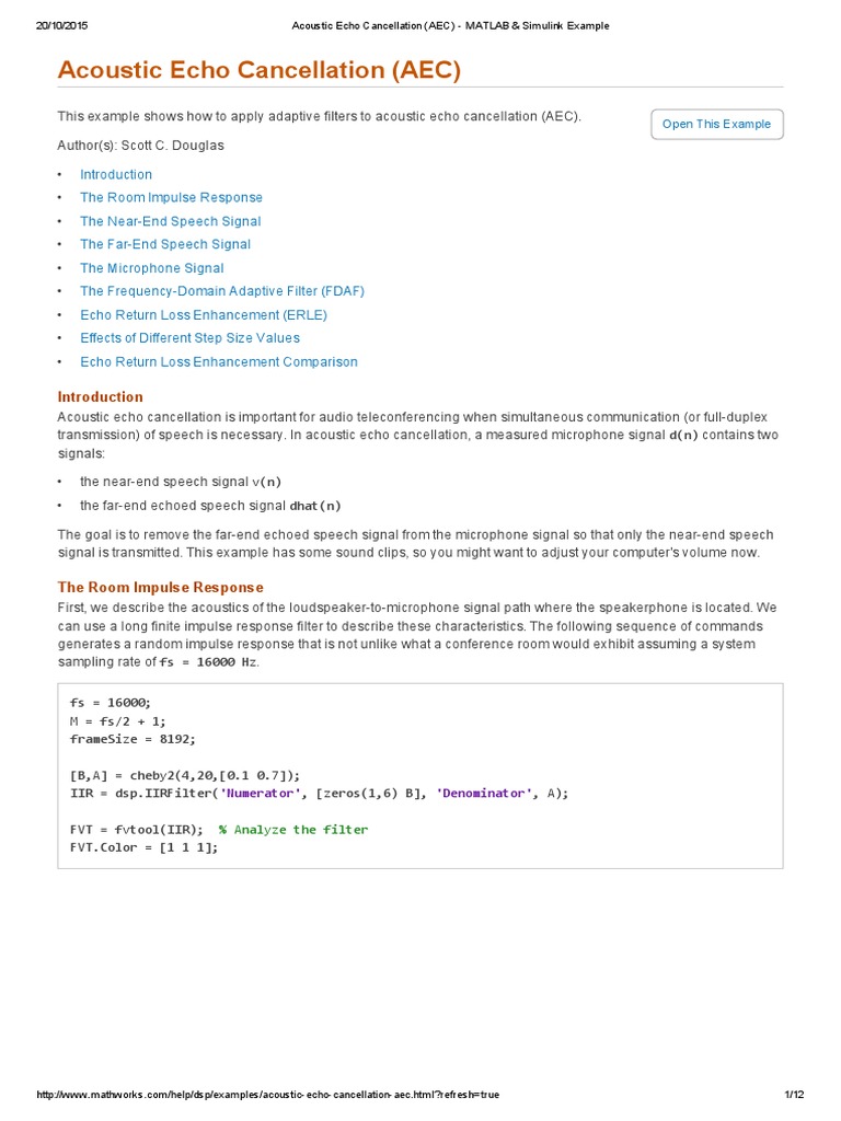 Acoustic Echo Cancellation (AEC) - MATLAB & Simulink Example | PDF | Digital Signal Processing ...