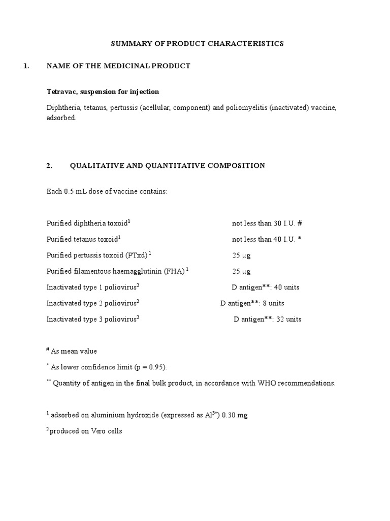 Tetravac Suspension For Injection ENG SMPC | PDF | Vaccines | Syringe