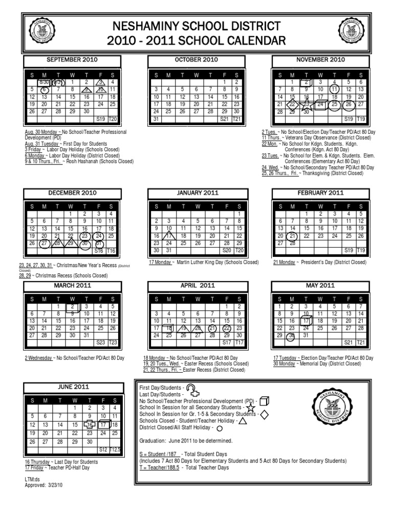 2010 - 2011 School Calendar Board Approved 3-23-10 | Public Holiday ...