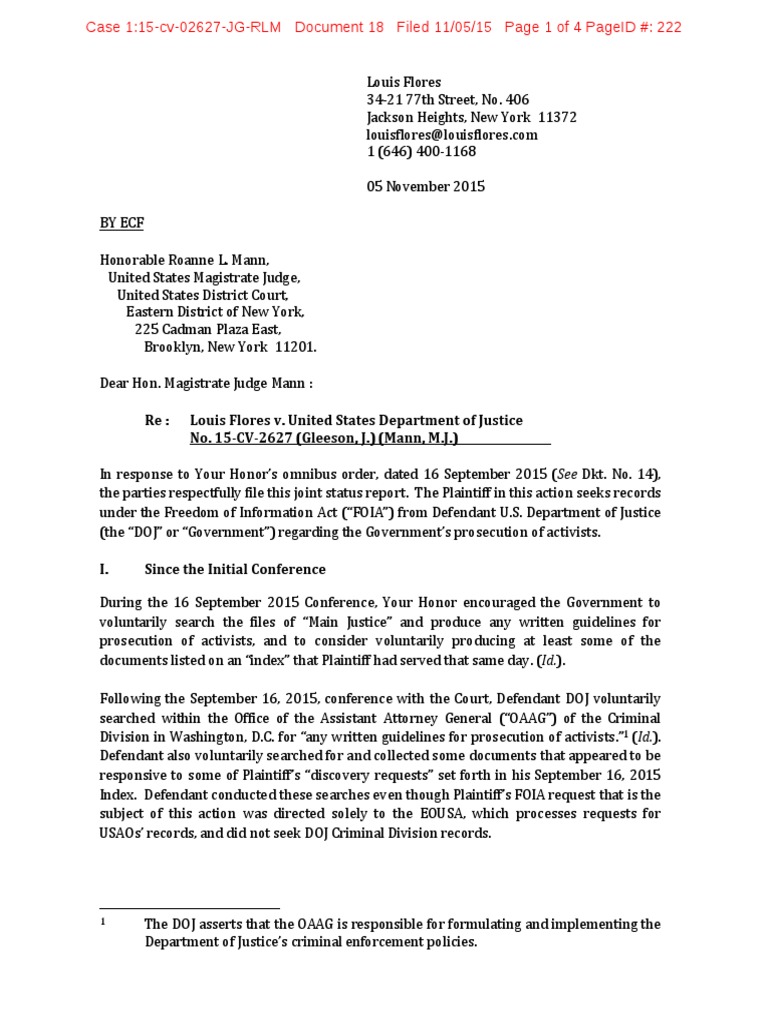 2015-11-05 Report-Back to Magistrate Judge Roanne Mann (Joint Status ...