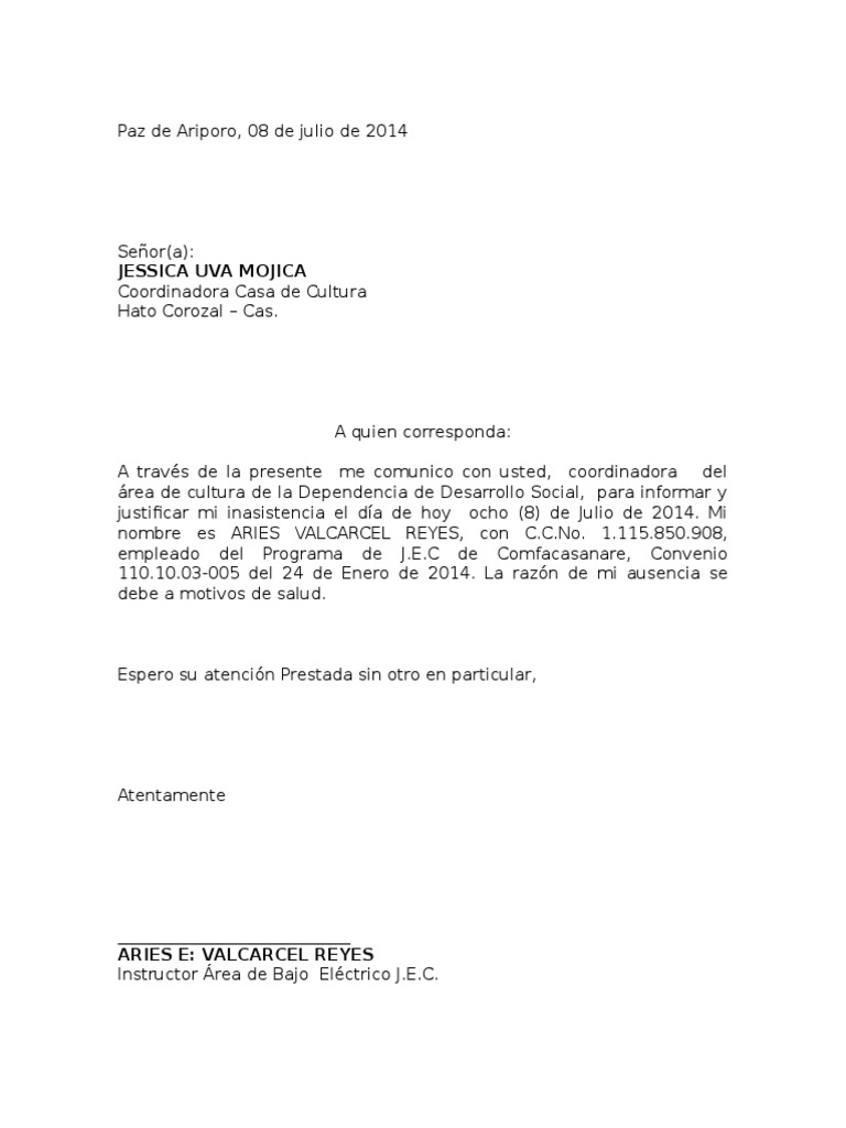 Carta Ausencia Laboral | PDF | Bienestar Carta Ausencia Laboral | PDF | Bienestar