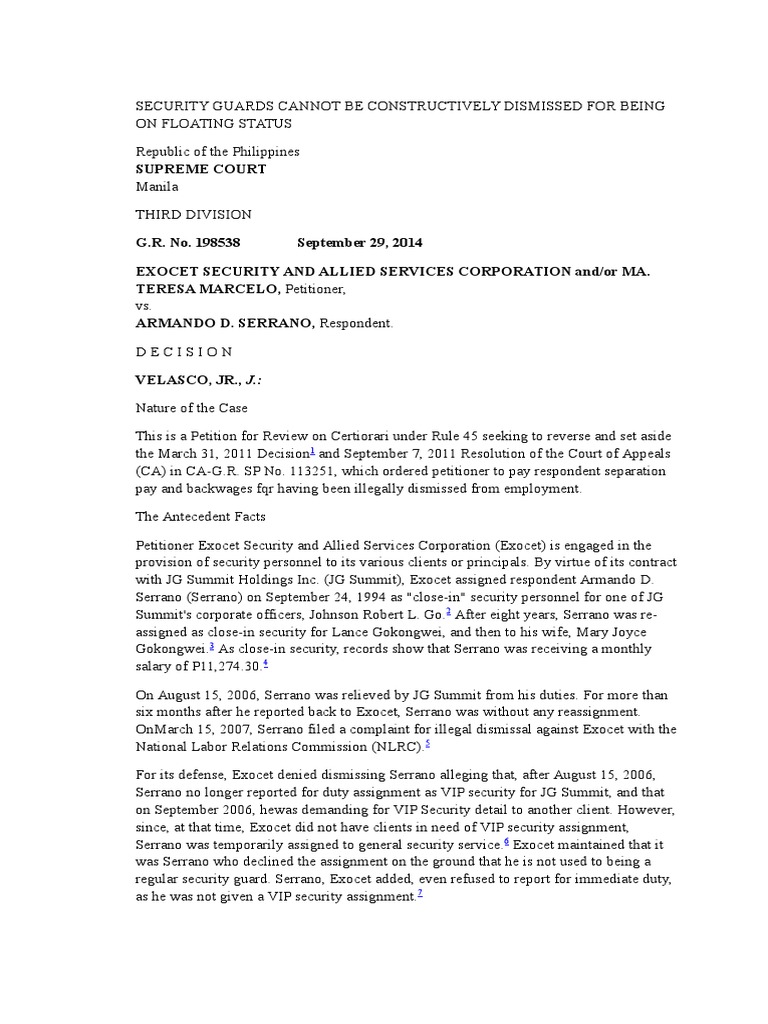 Floating Status and Constructive Dismissal | PDF | Security Guard ...