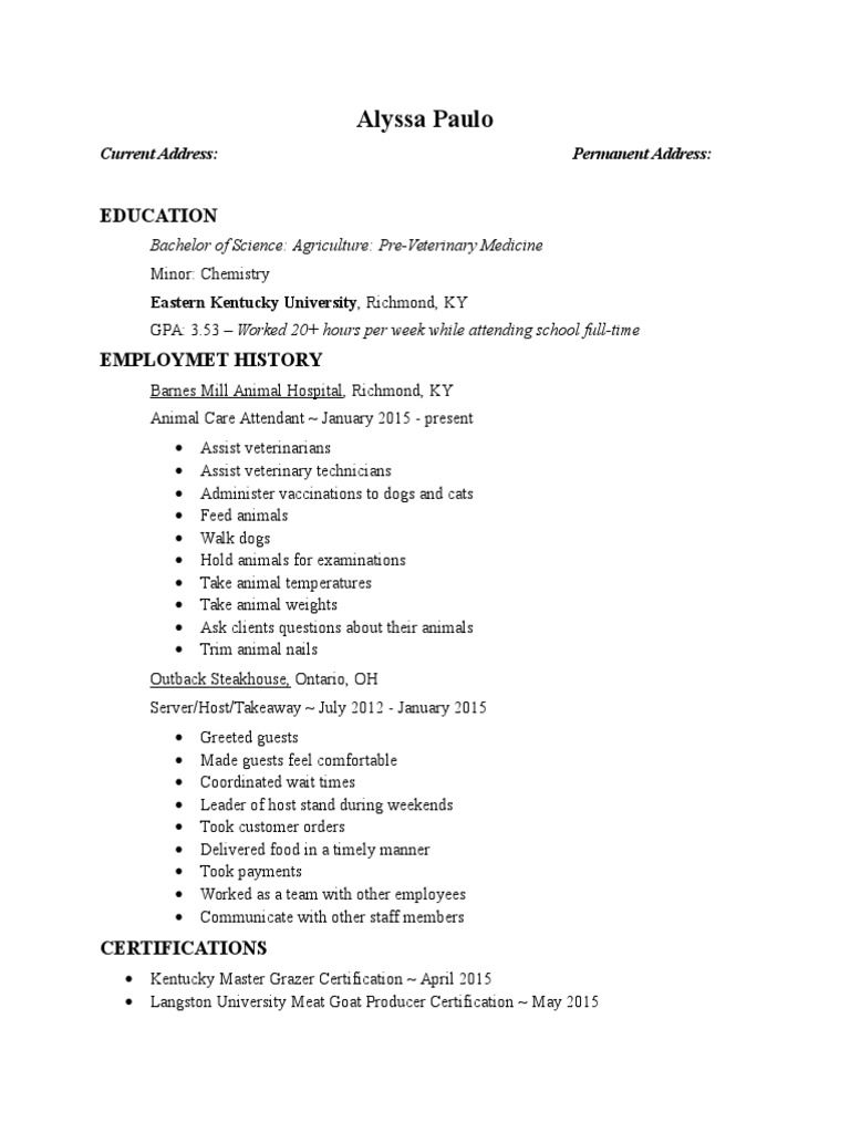Alyssa Paulo's Veterinary Resume | PDF