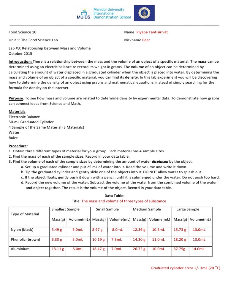 Mass-Volume-Density Relationship Lab | PDF | Density | Volume