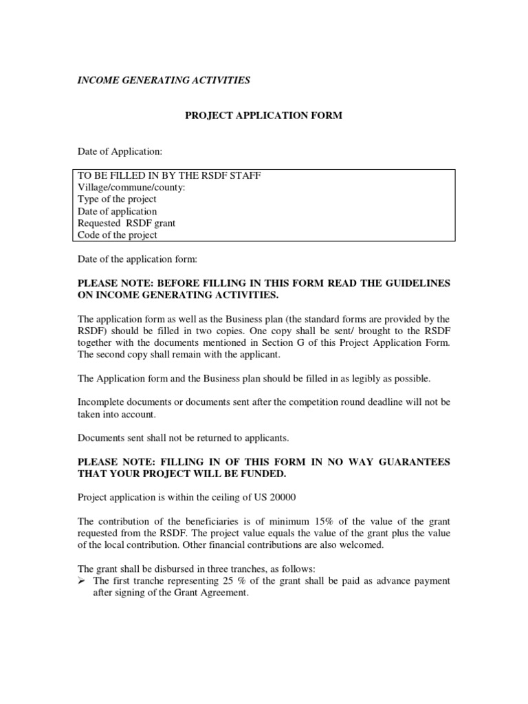 Project Application Form: Income Generating Activities | PDF ...