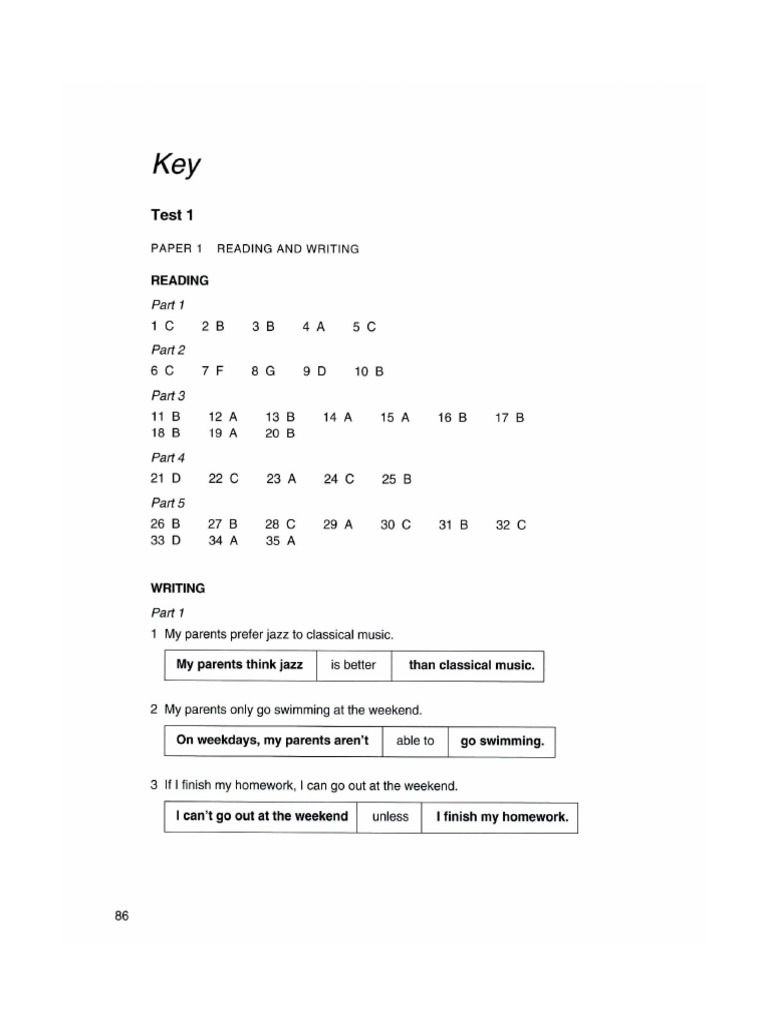 PET Book 2, Test 1 (Answer Key) | PDF