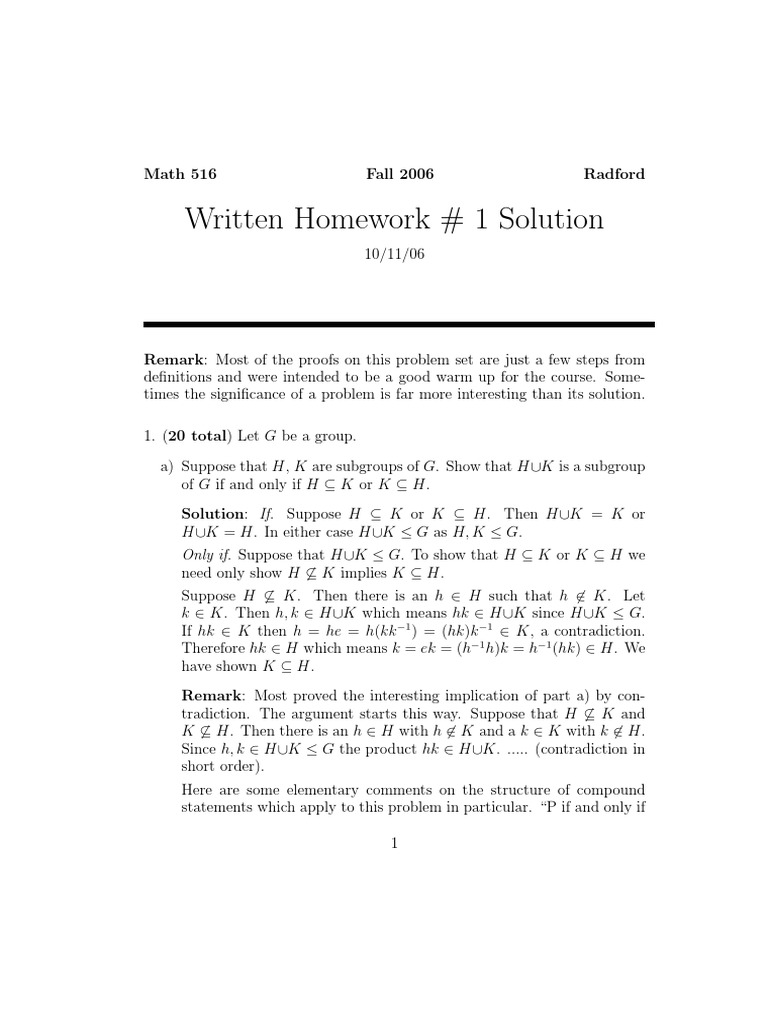 Written Homework # 1 Solution | PDF | Group (Mathematics) | Integer