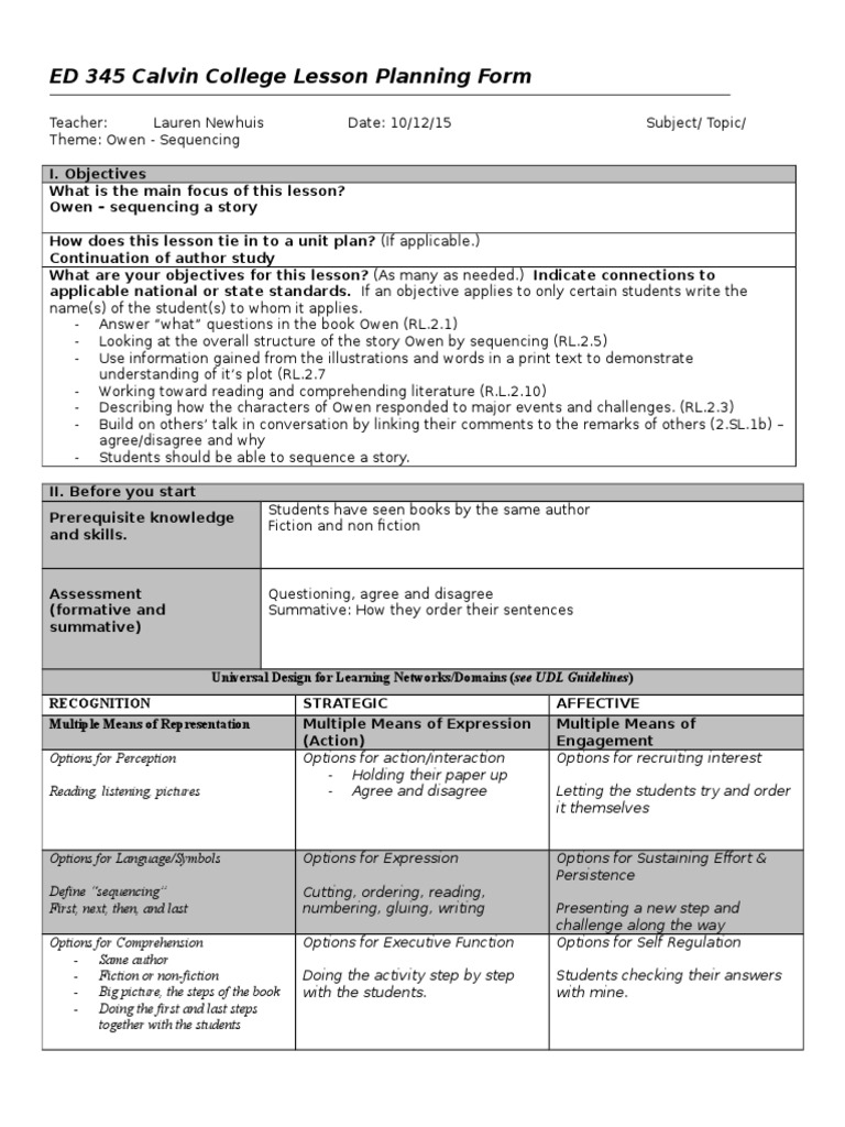 Owen Sequencing Lesson Plan | PDF | Lesson Plan | Educational Assessment