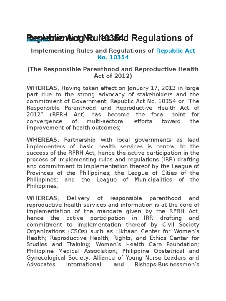 IRR OF RA 10354 | Reproductive Health | Family Planning