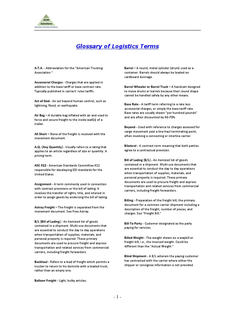 A Comprehensive Glossary of Logistics and Transportation Terms | PDF ...