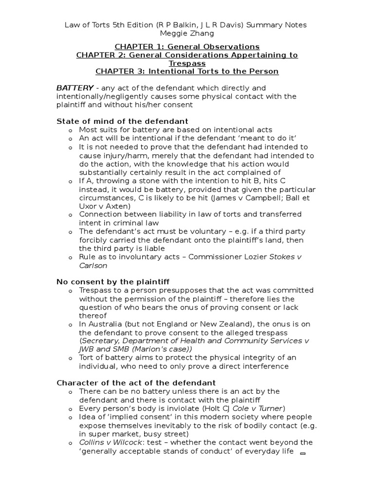 Torts Textbook Summaries | PDF | Trespass | Damages